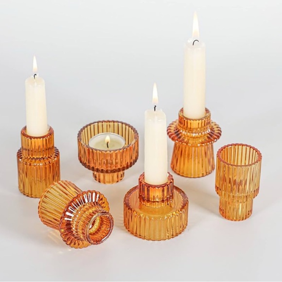 Amazon | Accents | Nib 3pc Amber Taper Glass Candlestick Holders ...